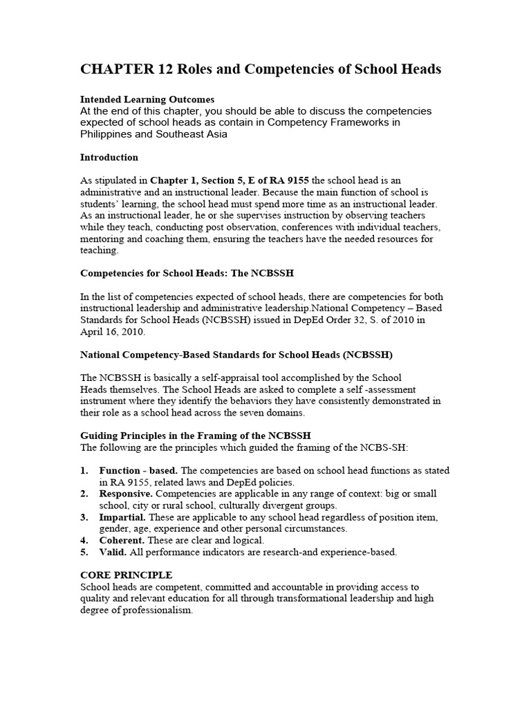 CHAPTER 12 Roles and Competencies of School Heads | PDF | Leadership ...