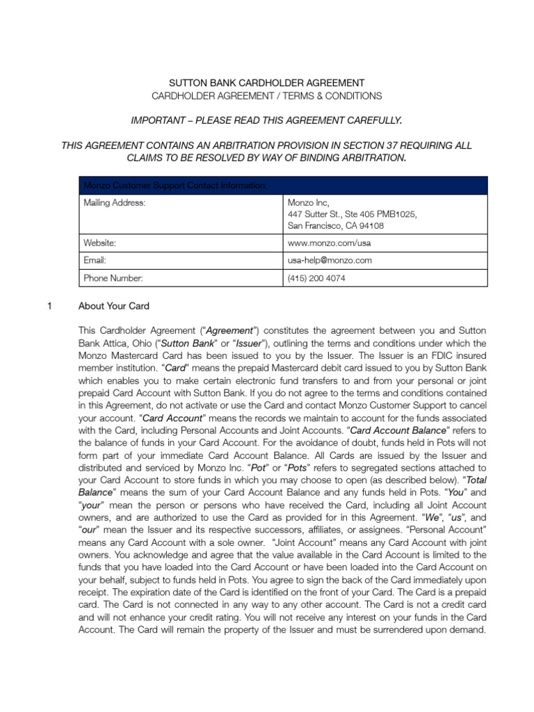 Sutton Bank Cardholder Agreement v1.4 | Descargar gratis PDF | Credit ...