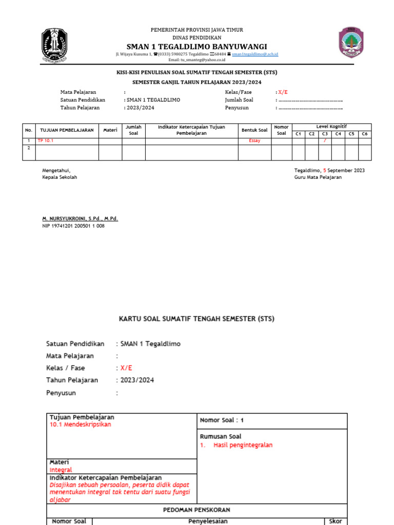 Format Kisi-Kisi Soal STS KLS X Dan Xi | PDF