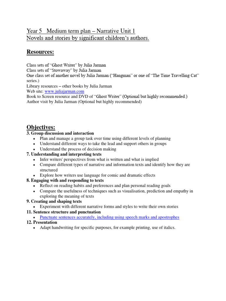Year 5 Narrative Unit: Ghost Writer | PDF | Narrative | Teachers