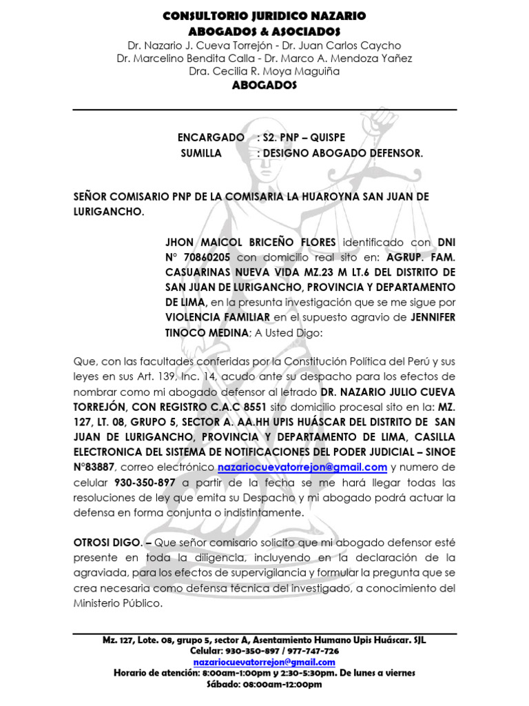 Jhon Maicol Briceño Flores - Designo Abogado Defensor | PDF | Gobernancia | Justicia