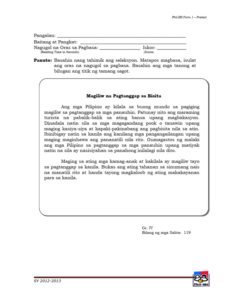 Gr. 4 Magiliw Sa Pagtanggap Sa Bisita Pretest | PDF