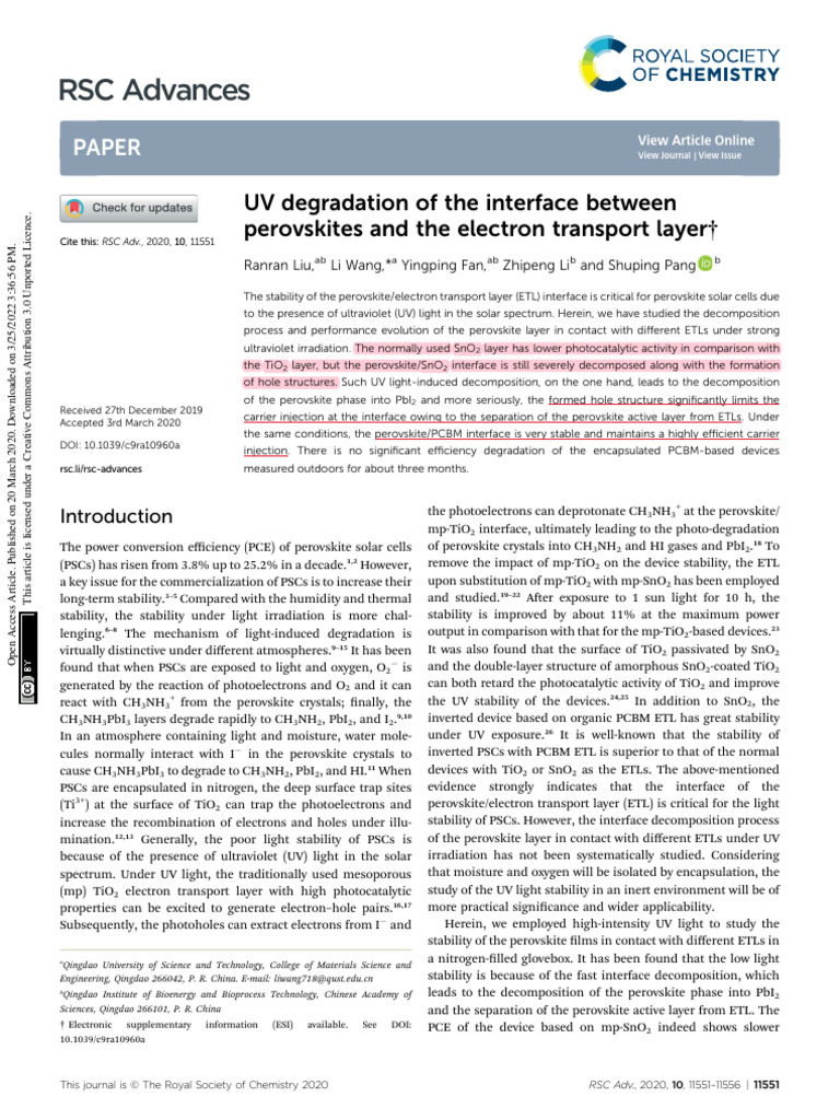 C9ra10960a - RSC Adv - Liu Et Al 2020 | PDF | Ultraviolet | Titanium Dioxide