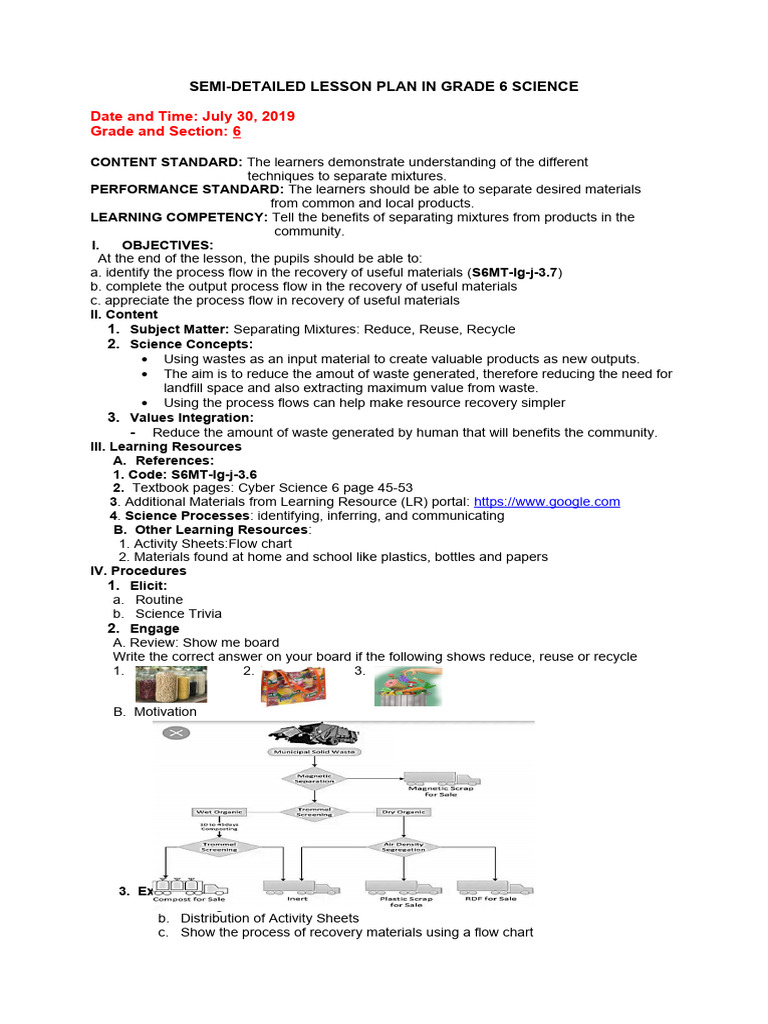Lesson Plan Nin Science 6 Separating of Mixture " Reduce, Reuse and ...