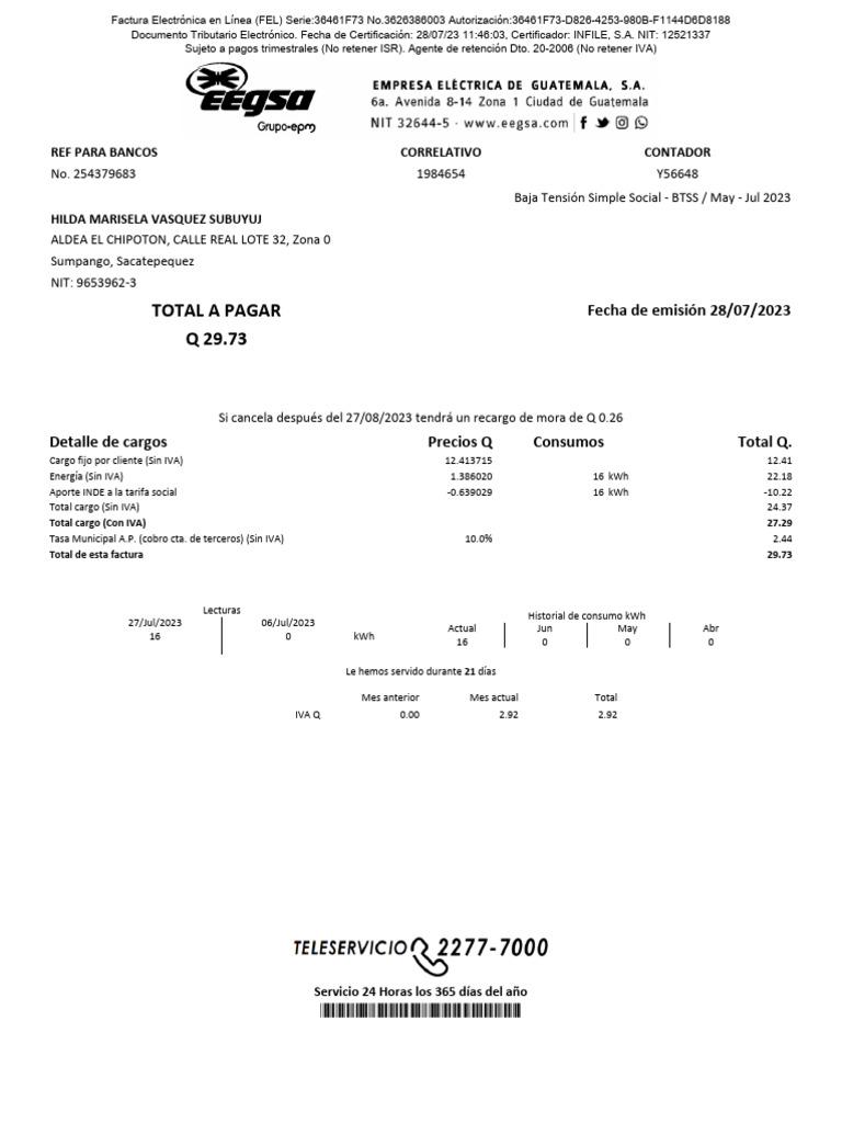 Total A Pagar Q 29.73: Fecha de Emisión 28/07/2023 | PDF | Business | Pagos