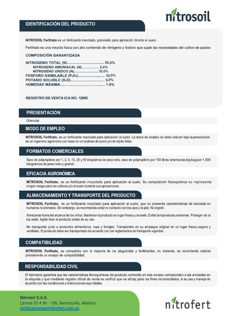 Ficha Tecnica Del Producto NITROSOIL Fertihato | PDF