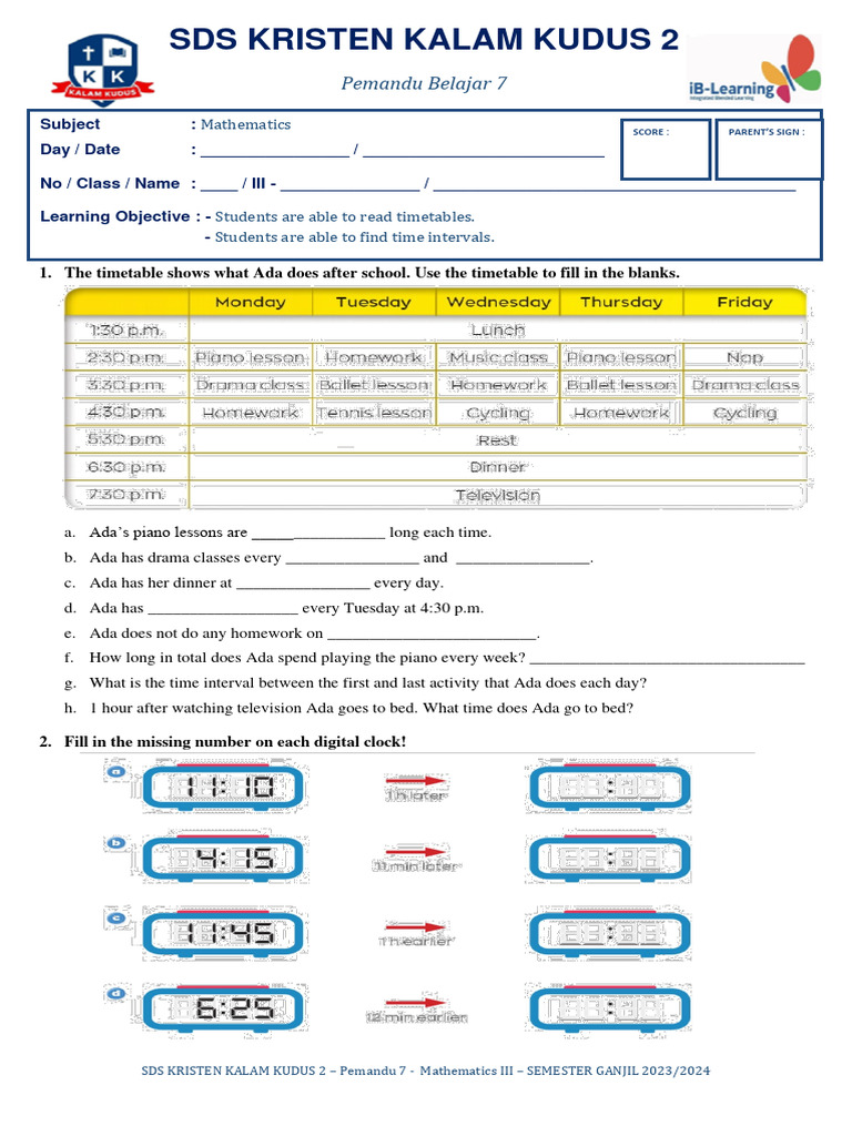 Timetable and Time Interval Worksheets | PDF