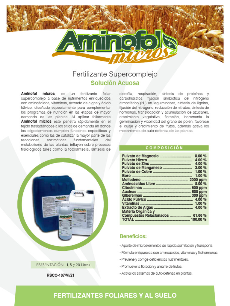 Aminofol Micros: Fertilizante Foliar Completo | PDF | Agricultura | Química