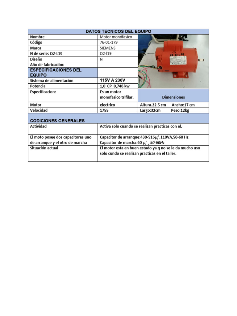 DATOS TECNICOS de Motor Monofasico | PDF