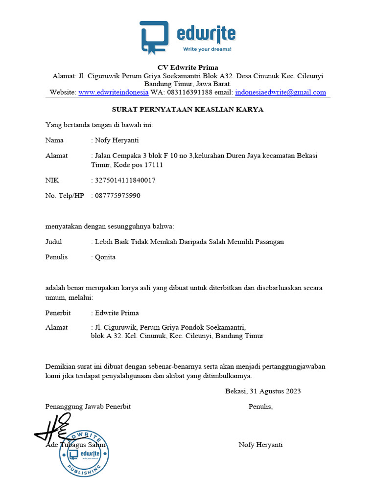 Surat Pernyataan Keaslian Karya Penulis | PDF