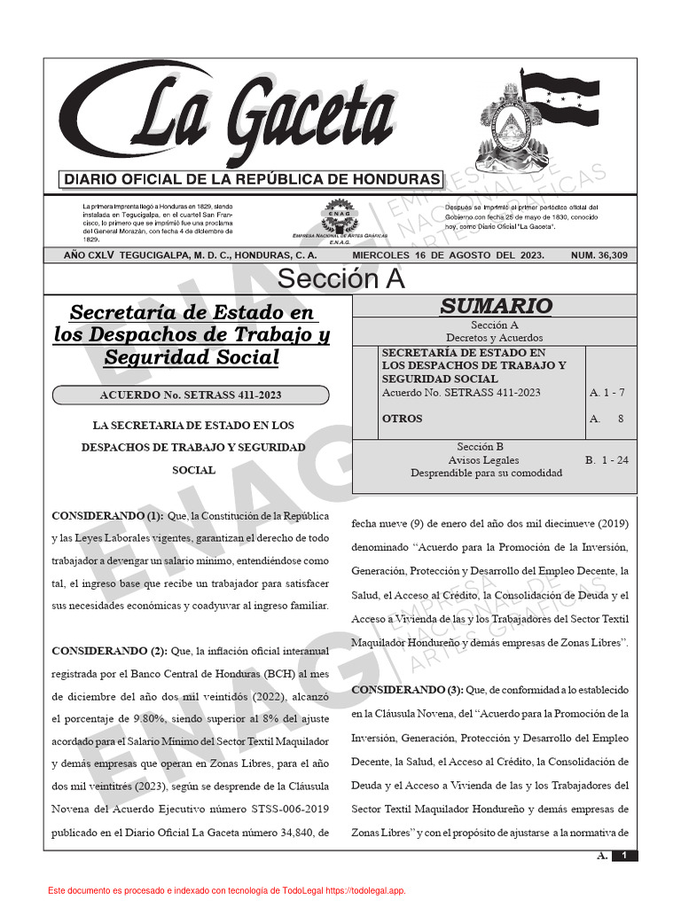 Gaceta 36309 | PDF | Salario mínimo | Honduras
