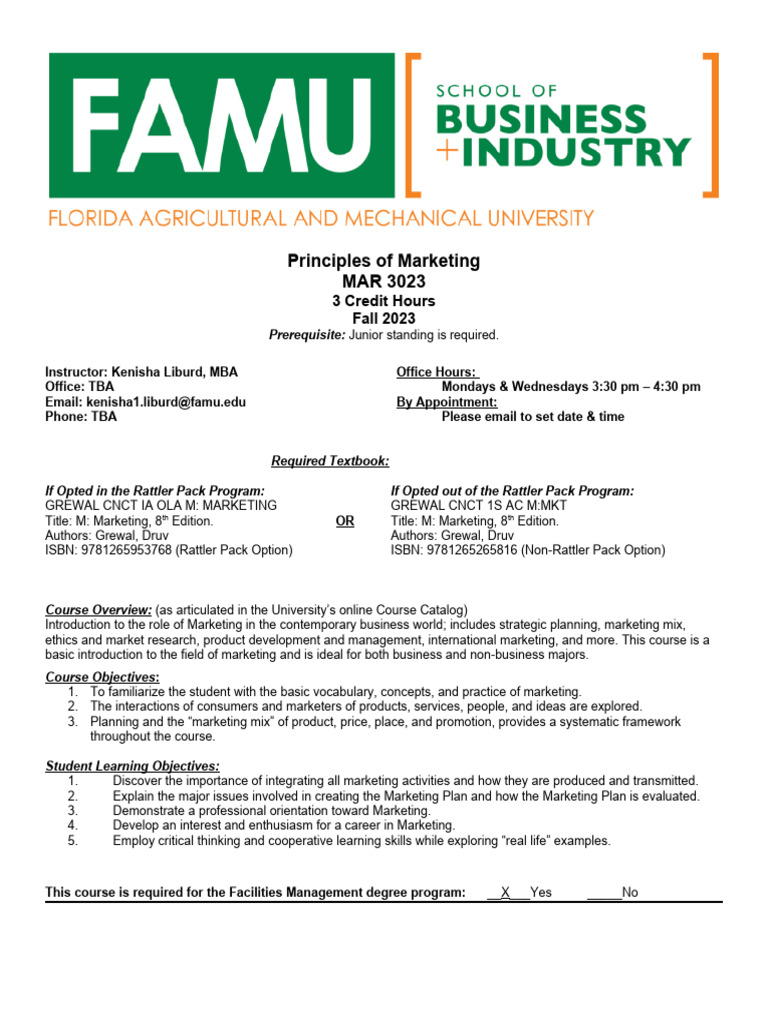 Liburd MAR - 3023 - FALL 2023 - Syllabus | PDF | Leadership | Academic ...