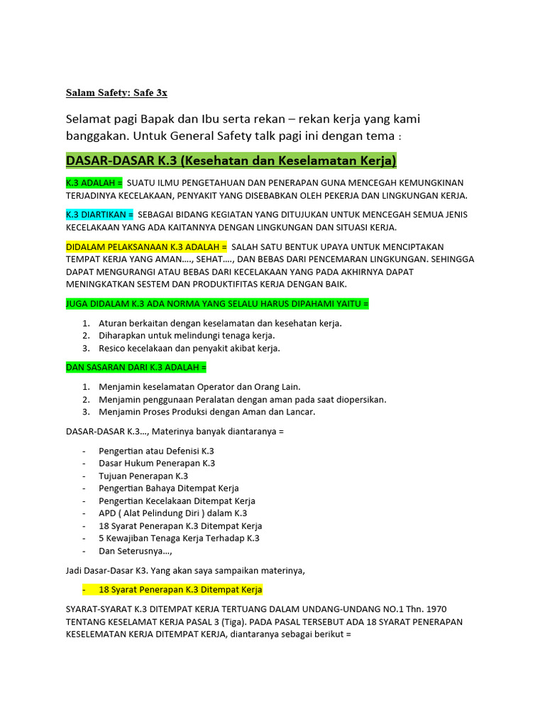 Tema Safety Talk Dasar Dasar K 3 | PDF