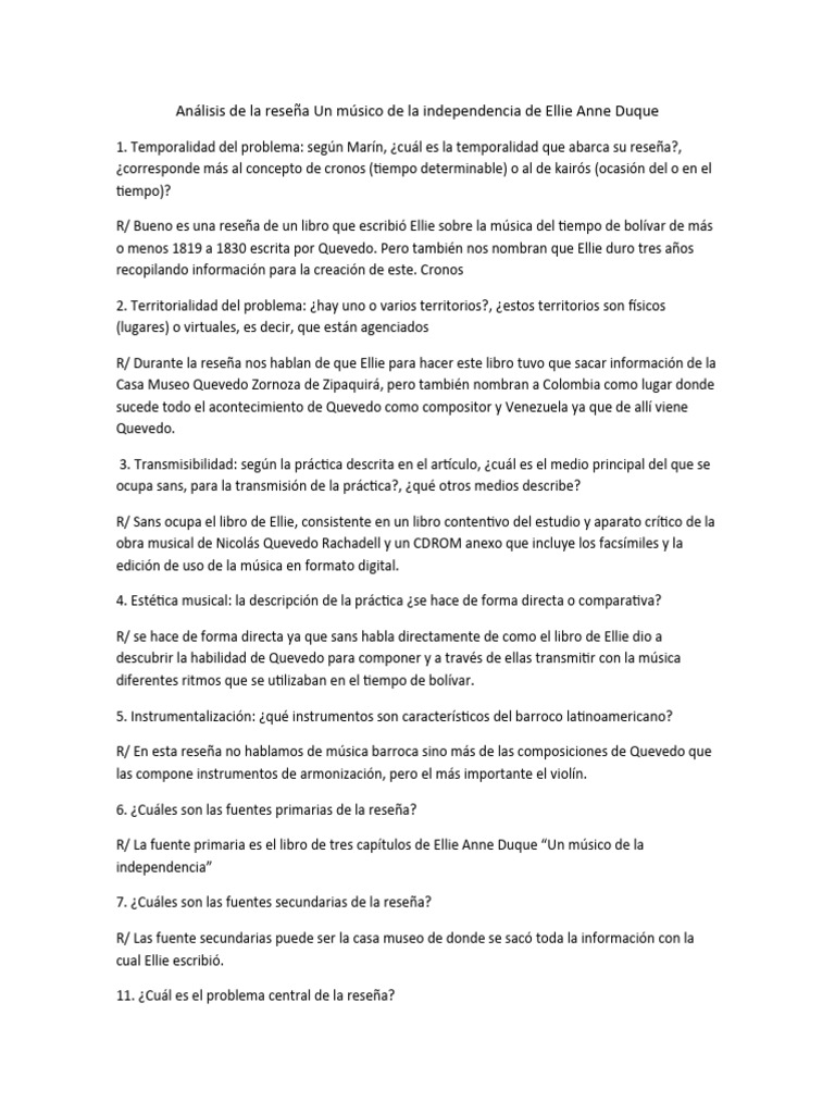 Análisis de La Reseña Un Músico de La Independencia de Ellie Anne Duque ...