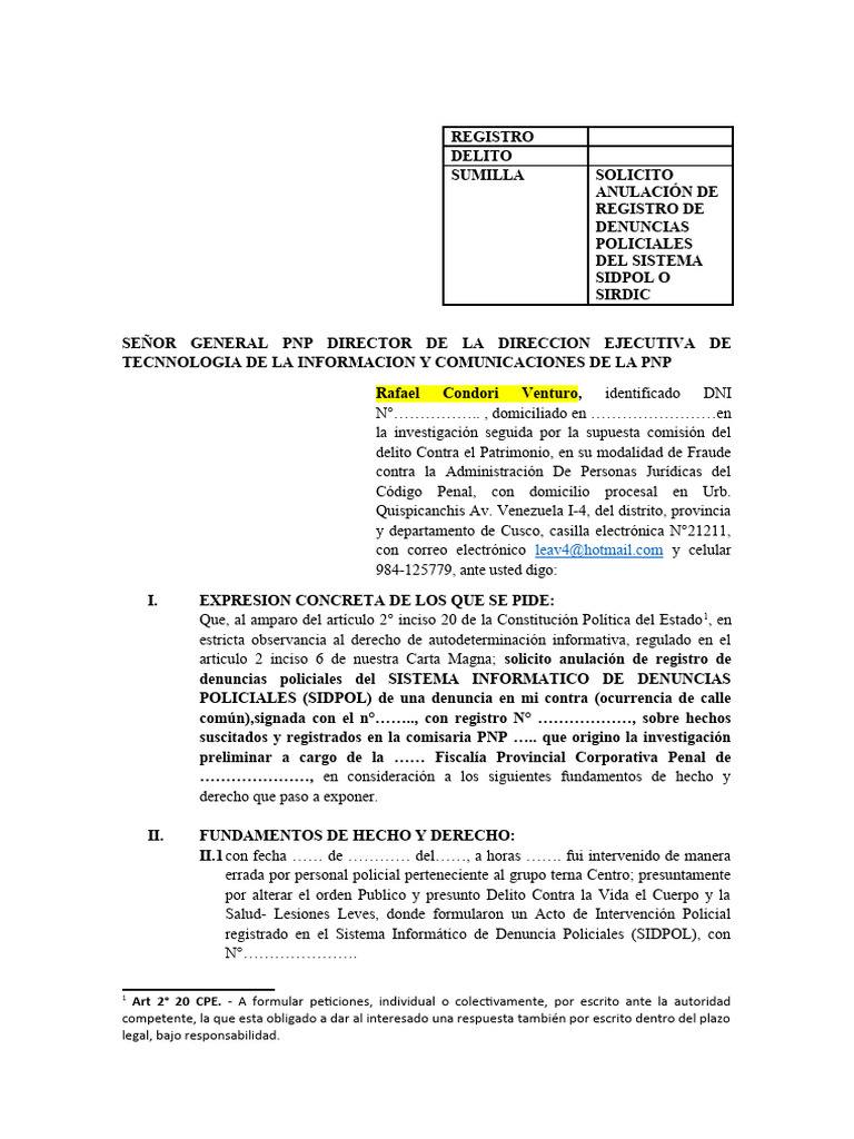 Modelo Anulación de Registro de Denuncias Policiales Del Sistema Sidpol o Sirdic | PDF | Policía ...