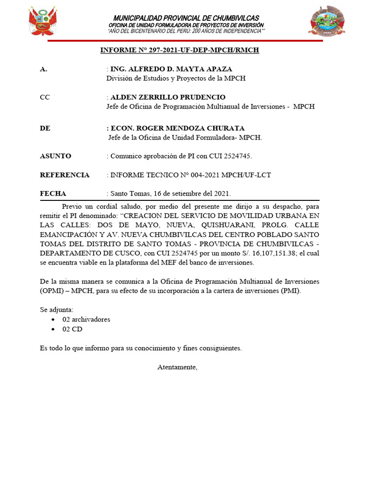 Informe Se Remite Informe de Pi Viable | PDF