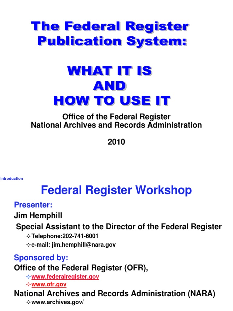 Federal Register Workshop Overview | PDF | Federal Register | Rulemaking