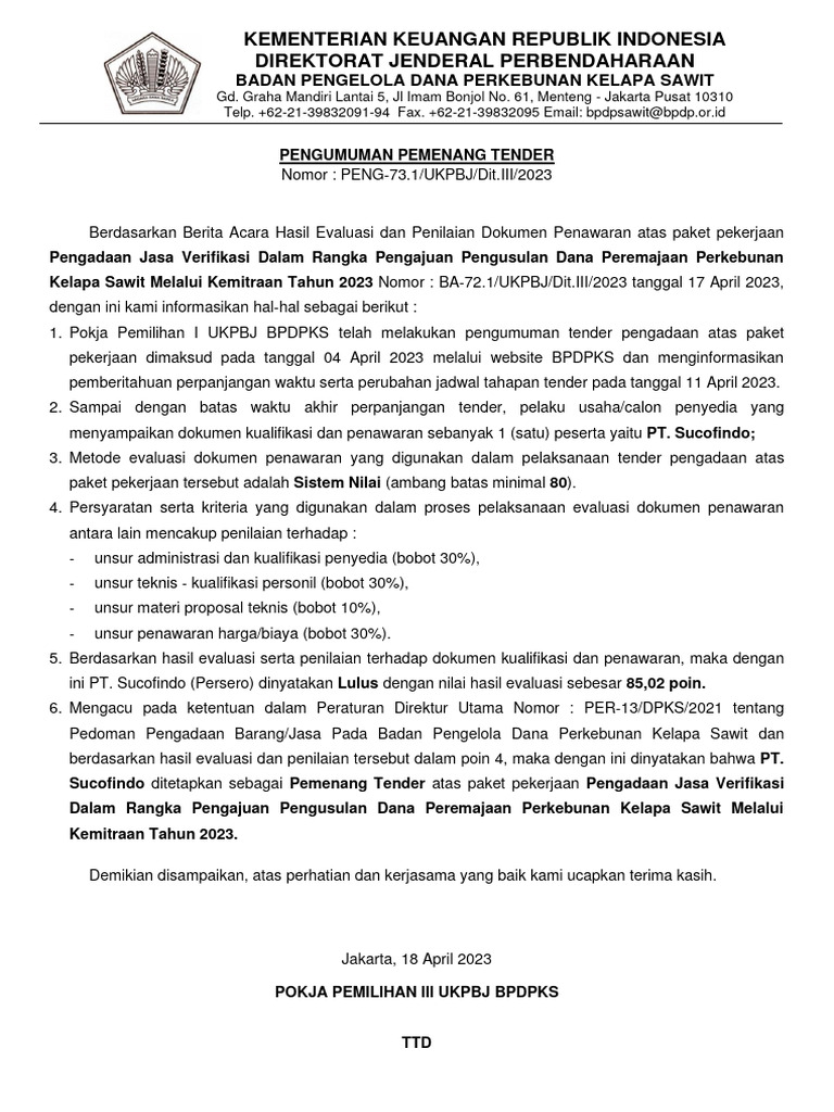 Pengumuman Pemenang Tender | PDF