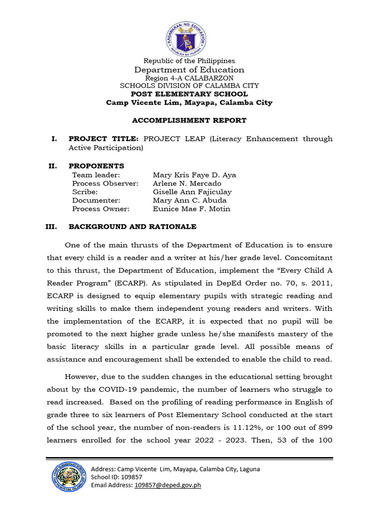 CI PROJECT LEAP ACCOMPLISHMENT REPORT | PDF | Literacy | Learning