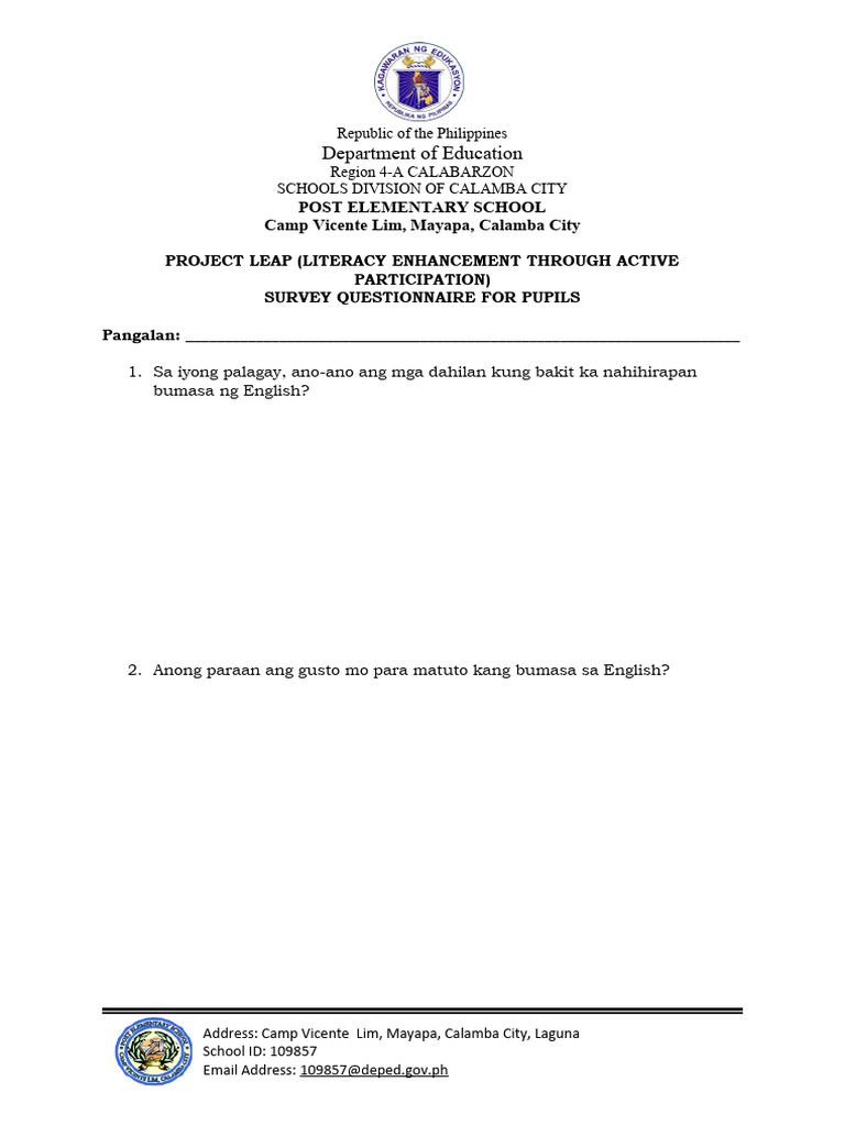 Survey Questionnaire For CIP Project LEAP | PDF
