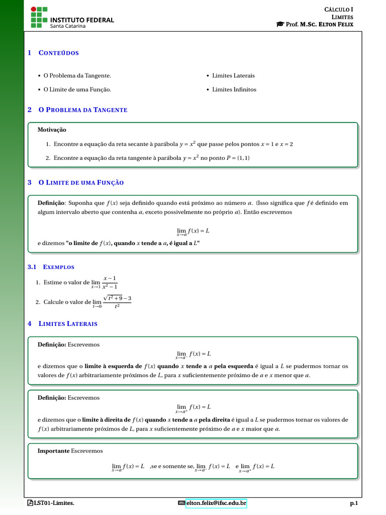 Lista 01 - Limites - Cálculo I | PDF | Limite (Matemática) | Objetos ...