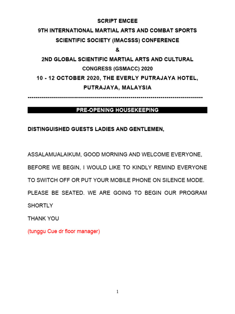 Emcee Script IMACSS - GSMACC - 2020 | PDF | Southeast Asia | Malaysia