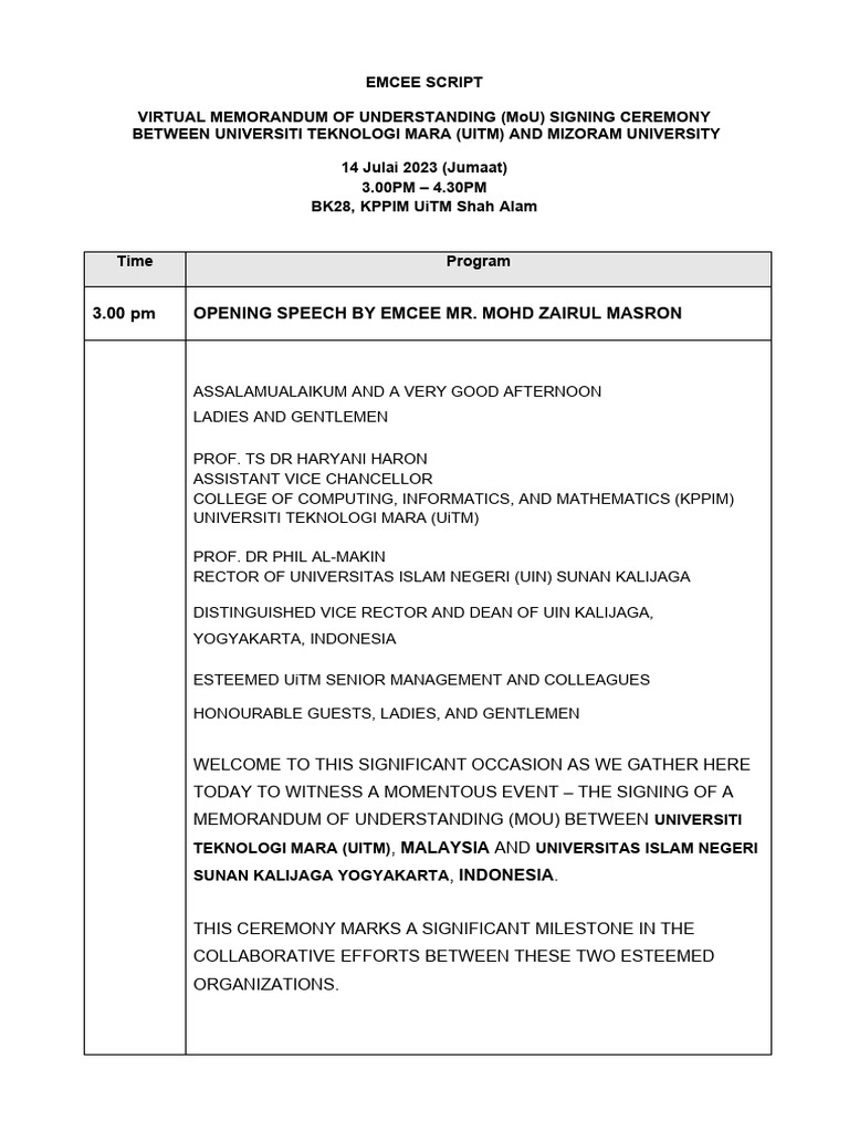 EMCEE SCRIPT MoU KPPIM UiTM & UIN SUNAN KALIJAGA | PDF | Social Science