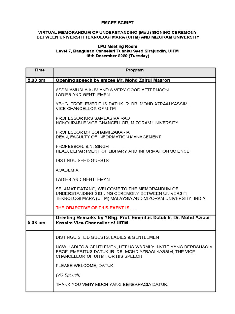 EMCEE SCRIPT MoU UiTM - Mizoram University | PDF | Honorifics | Titles