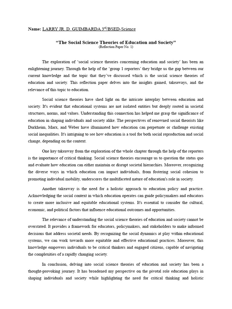 Educ 107 - Reflection Paper No. 1 | PDF | Social Sciences | Science