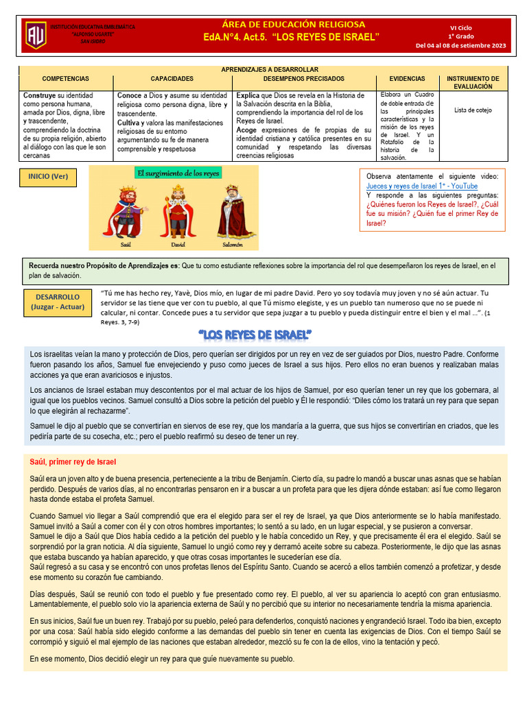 S24. EdA. 4. Act.5. LOS REYES DE ISRAEL-1° Grado | Descargar gratis PDF | David | Saulo