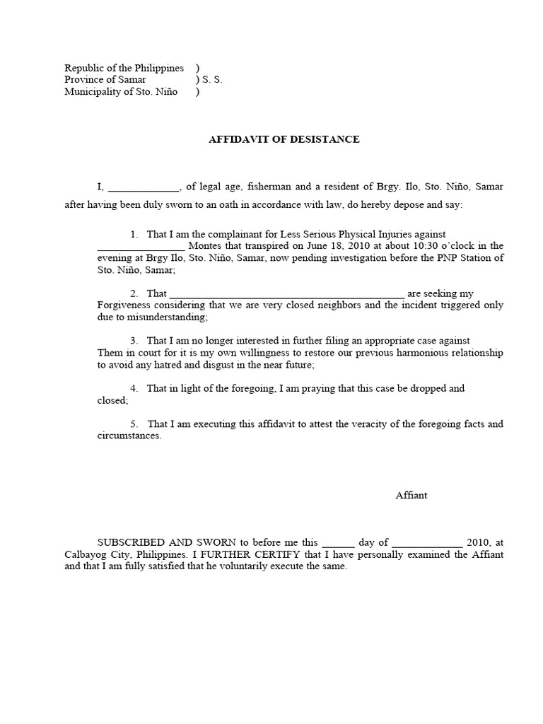 Affidavit of Desistance | PDF | Affidavit | Civil Law (Common Law)