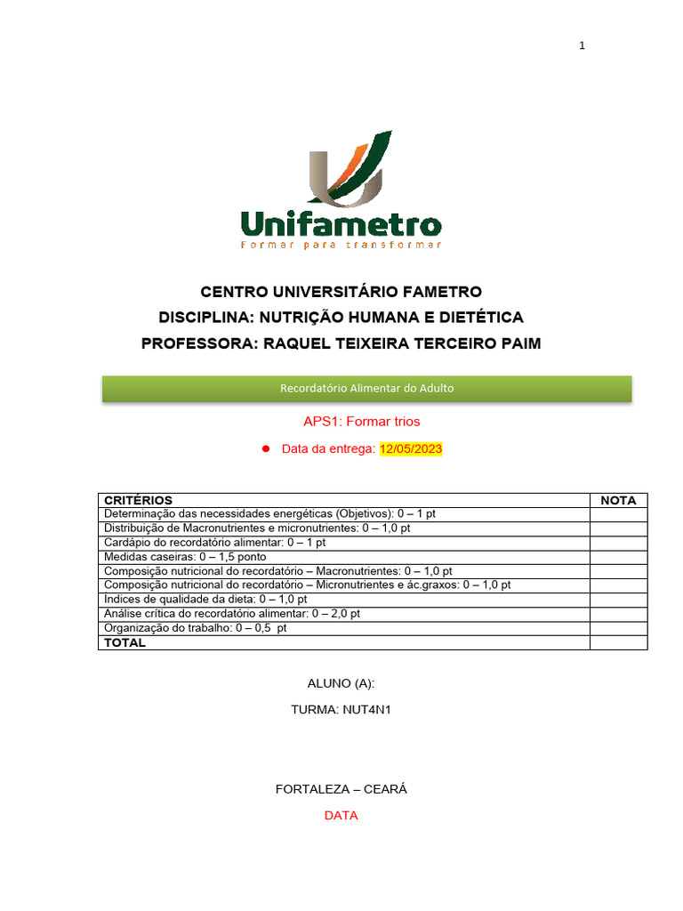 Formulário Recordatório 24h | PDF | Nutrientes | Determinantes da saúde