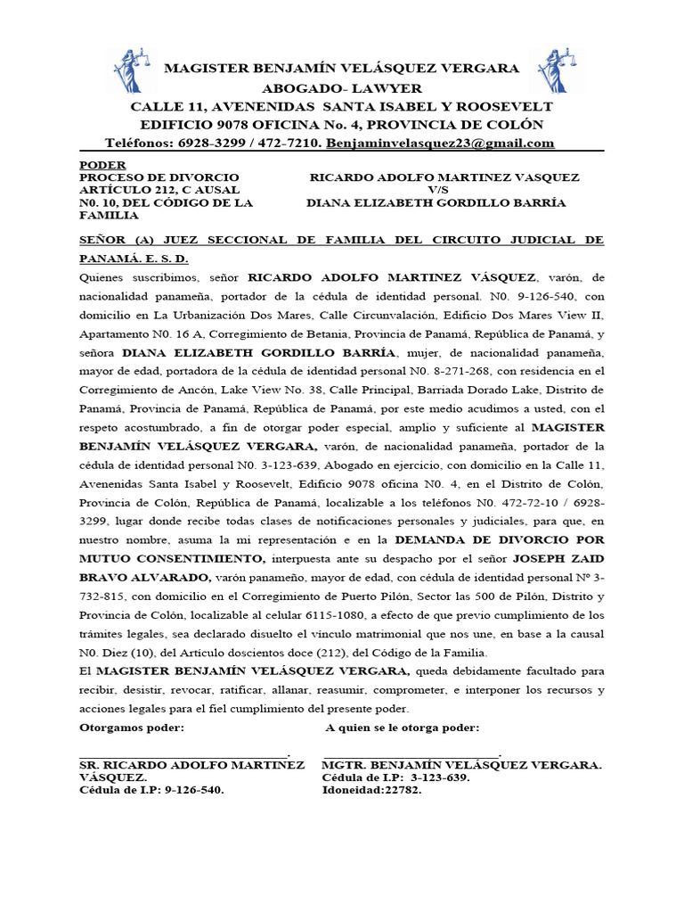 PODER Y SOLICITUD Del Divorcio Mauro ASHAO | PDF | Divorcio | Matrimonio