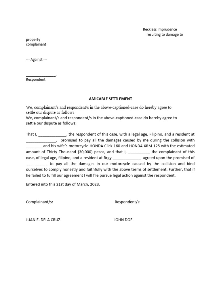 Amicable Settlement Agreement Sample | PDF