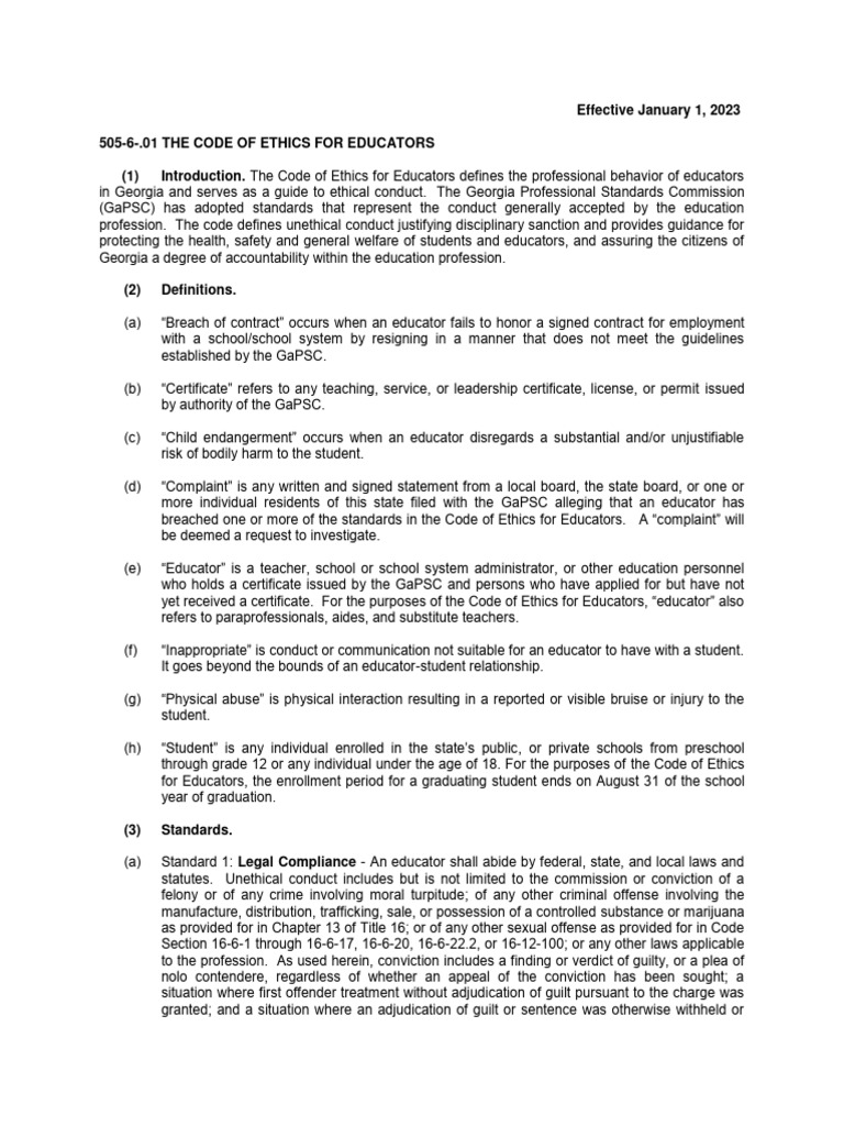2023 GA Code For Educators | PDF | Teachers | Child Abuse