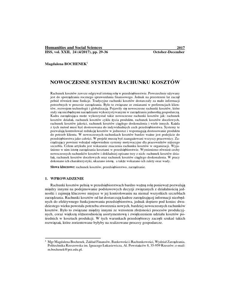 Nowoczesne Systemy Rachunku Kosztów | PDF