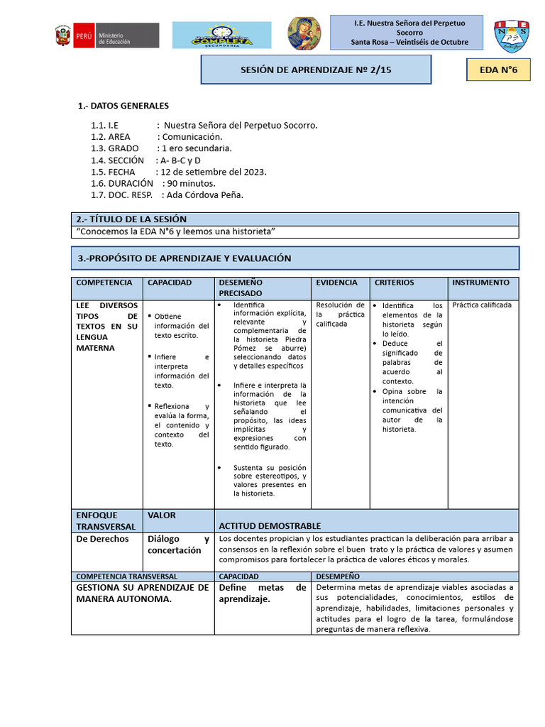 Sesion de Aprendizaje 2, Eda 6 | PDF | Aprendizaje | Maestros