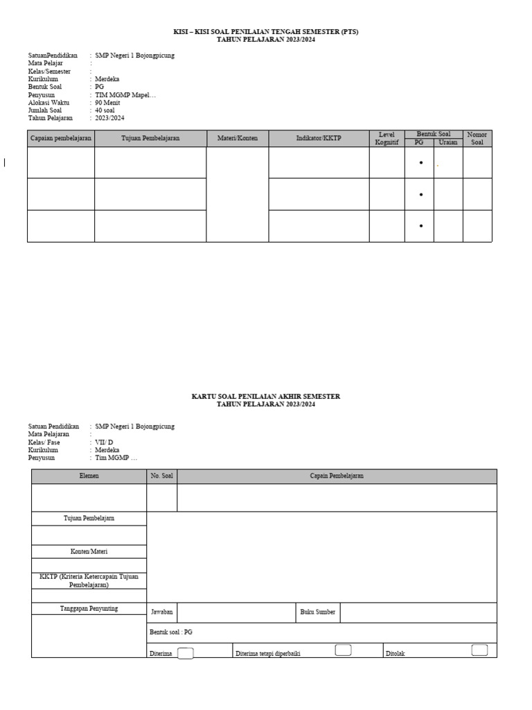 Format Kisi-Kisi Dan Kartu Soal-1 | PDF