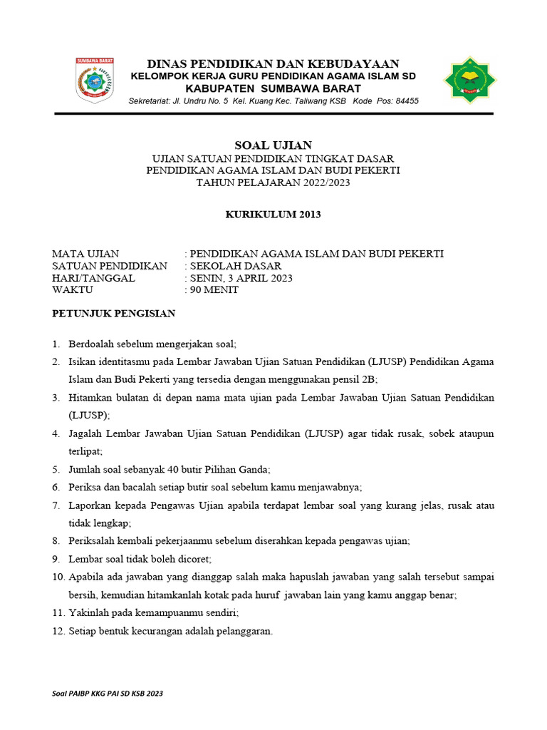 Soal Usp Pai SD Final Tp. 2022-2023 | PDF