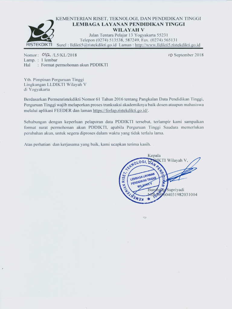 Format Permohonan Akun PDDIKTI | PDF