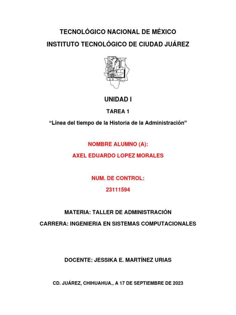 Portada para Entrega de Tarea U. I (Taller Admon) | PDF