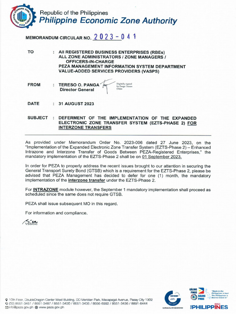 M.C. No. 2023-041 Deferment of The Implementation of The EZTS-Phase 2 ...