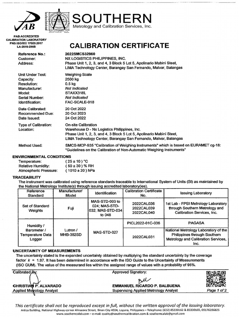 Weighing Scale Calibration Certificate - LTC (D) | PDF