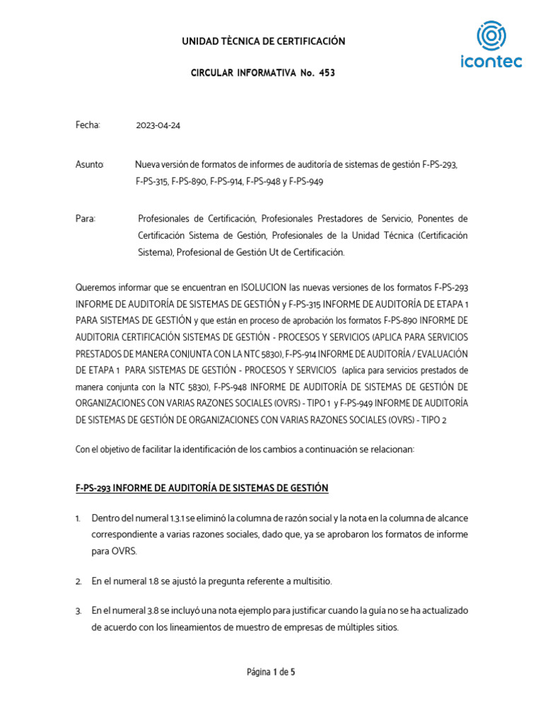 Circular Informativa No. 453 Cambio F-PS-293 F-PS-315 F-PS-890 F-PS-914 ...