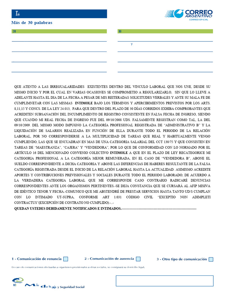 Modelo Telegrama Laboral Word | PDF