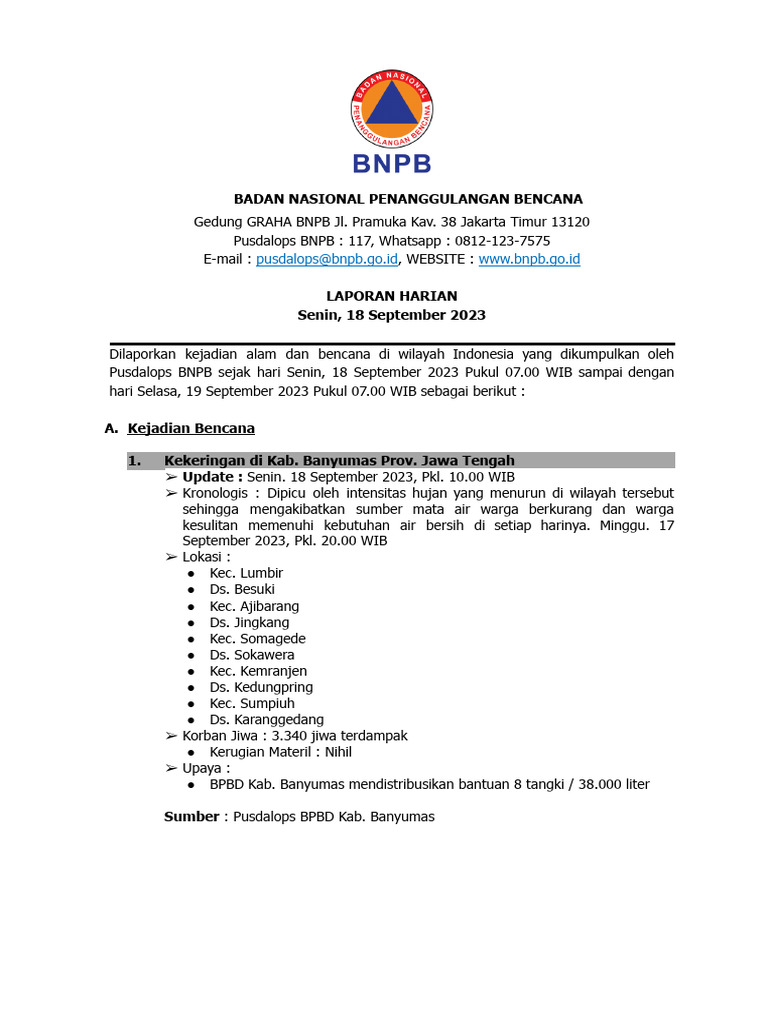 Laporan Harian PUSDALOPS 18092023 | PDF