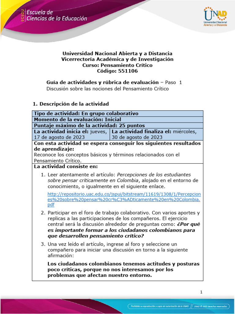 Guia De Actividades Y Rúbrica De Evaluación Unidad 1 Paso 1 Discusión 1732