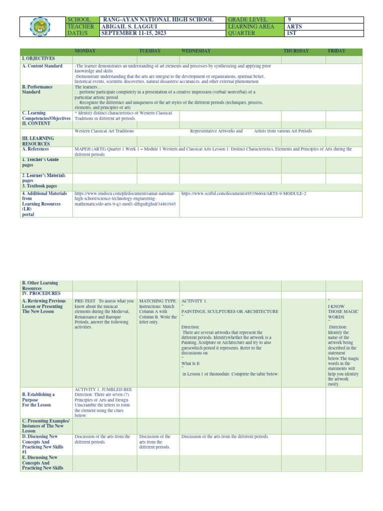 Arts 9 DLL Quarter 1 | PDF | Learning | Cognition