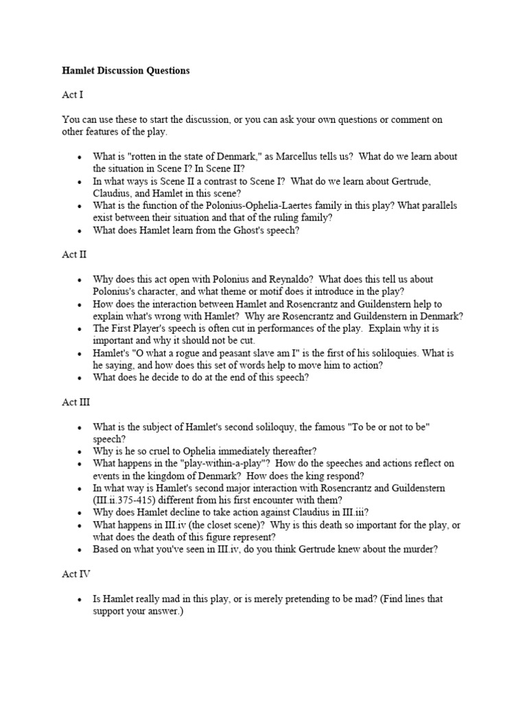 Hamlet Act Discussion Questions | PDF | Hamlet | Plays Based On ...