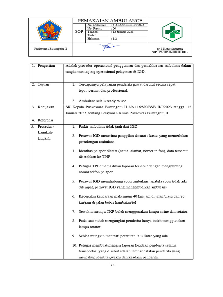 Sop Pemakaian Ambulance | PDF